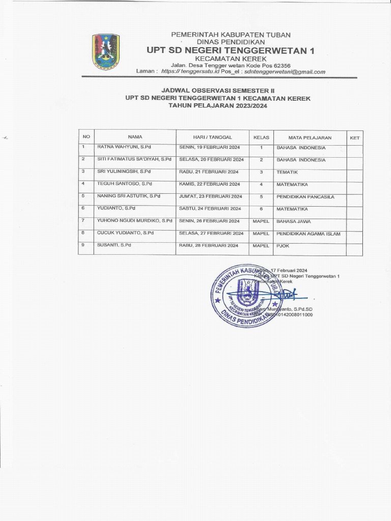Jadwal observasi pembelajaran semester II tahun 2024 | PDF