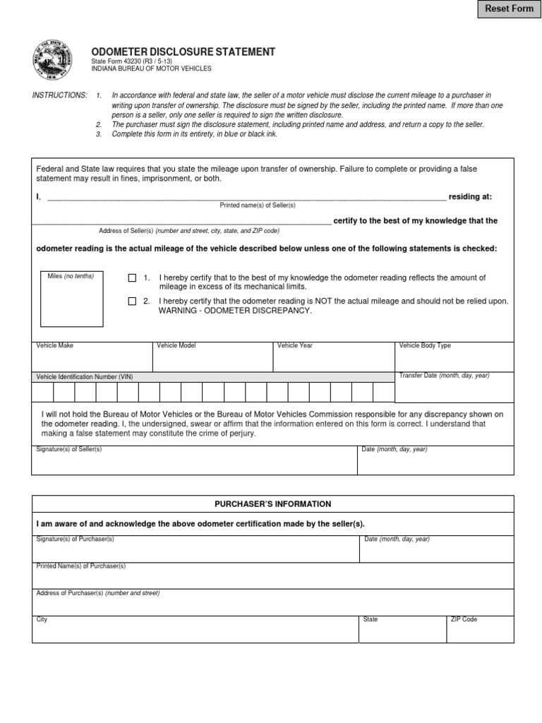 Indiana Odometer Disclosure Statement | PDF | Department Of Motor ...