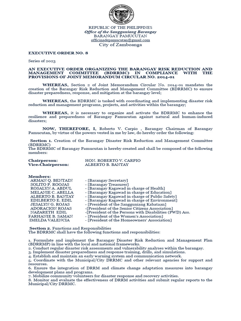 Eo BDRRM Barangay Pamucutan | PDF | Disaster Risk Reduction | Emergency ...