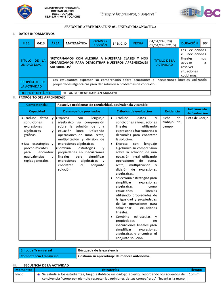 SESION N°05 - 3°B, C, D - MATE - PROF ANGEL - ECUACION E INECUACION - 04 y 05 - 04 - 24 - IE ...