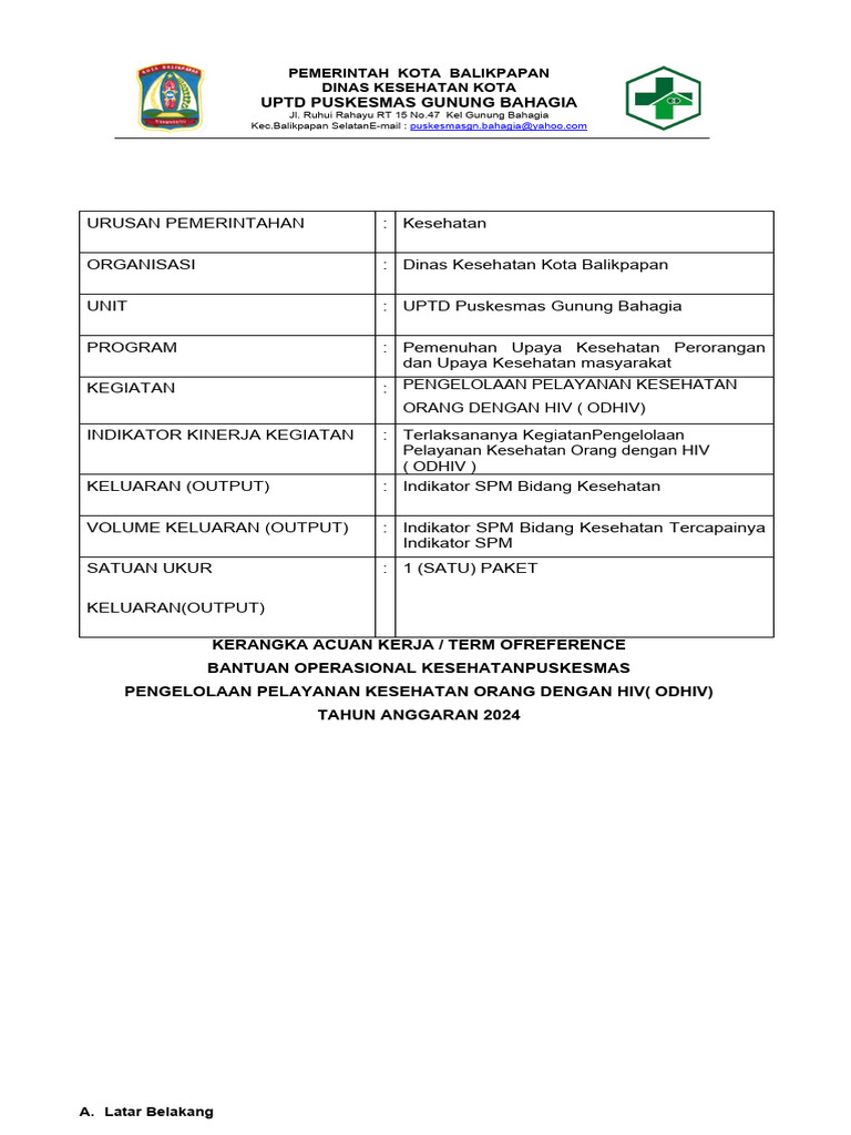 KAK Pengelolaan Pelayanan Kesehatan Orang Dengan HIV (ODHIV) | PDF ...