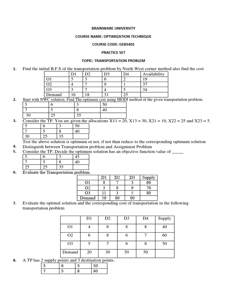 MATH 3-5 Marks Practice set_Transportation Problem | Download Free PDF | Mathematical Analysis ...