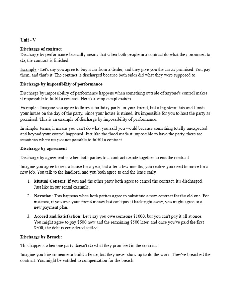 Unit V Discharge of Contract | PDF | Damages | Breach Of Contract