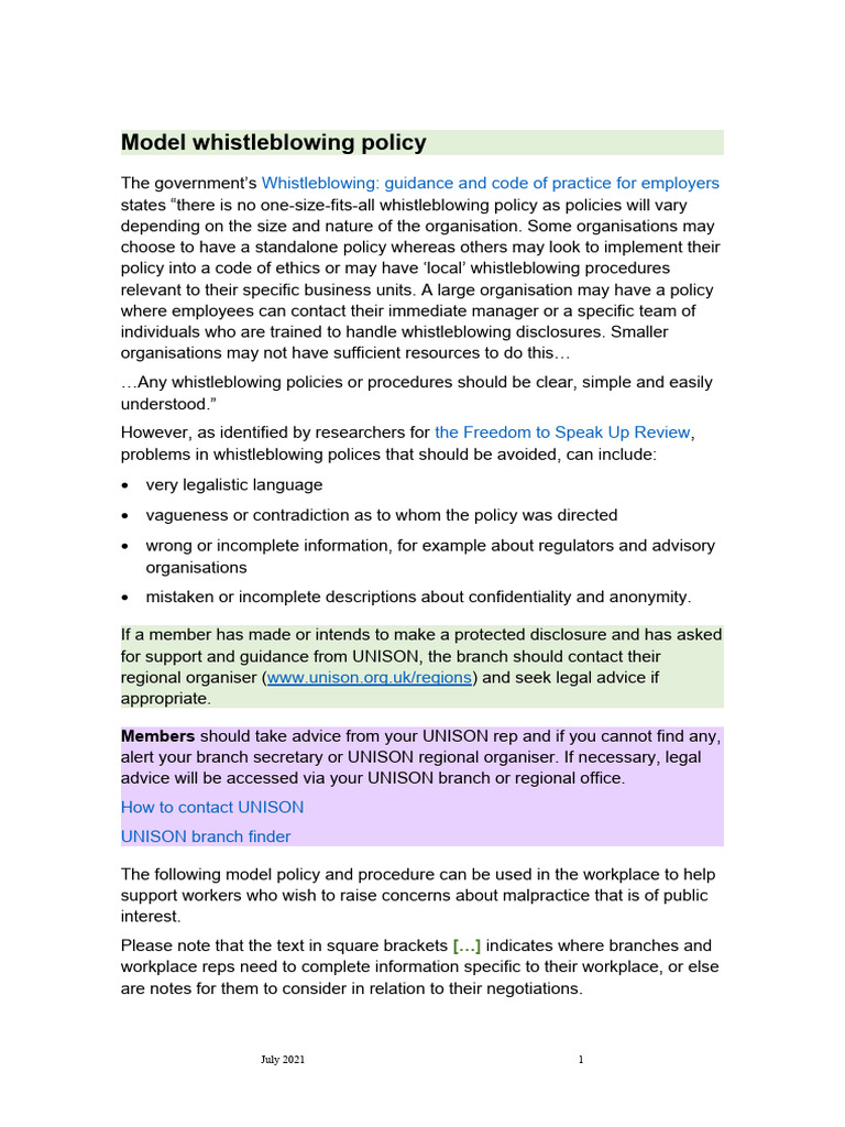 Whistleblowing Policy Template Guide | PDF | Employment | Justice