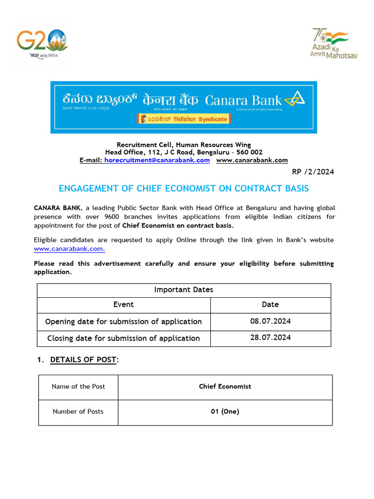Chief Economist Recruitment at Canara Bank | PDF | Image Scanner ...