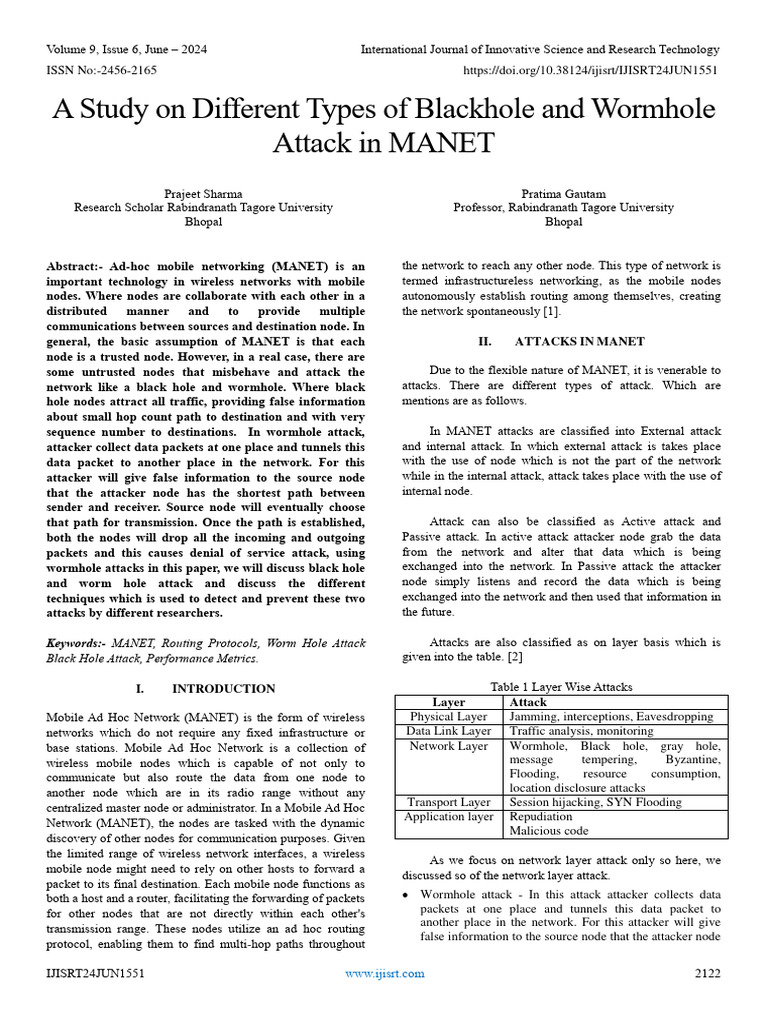 A Study On Different Types of Blackhole and Wormhole Attack in MANET | PDF | Wireless Ad Hoc ...