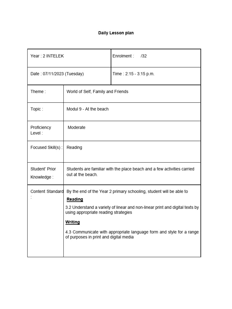 Lesso Plan Week 11 Day 1 | PDF | Lesson Plan | Learning