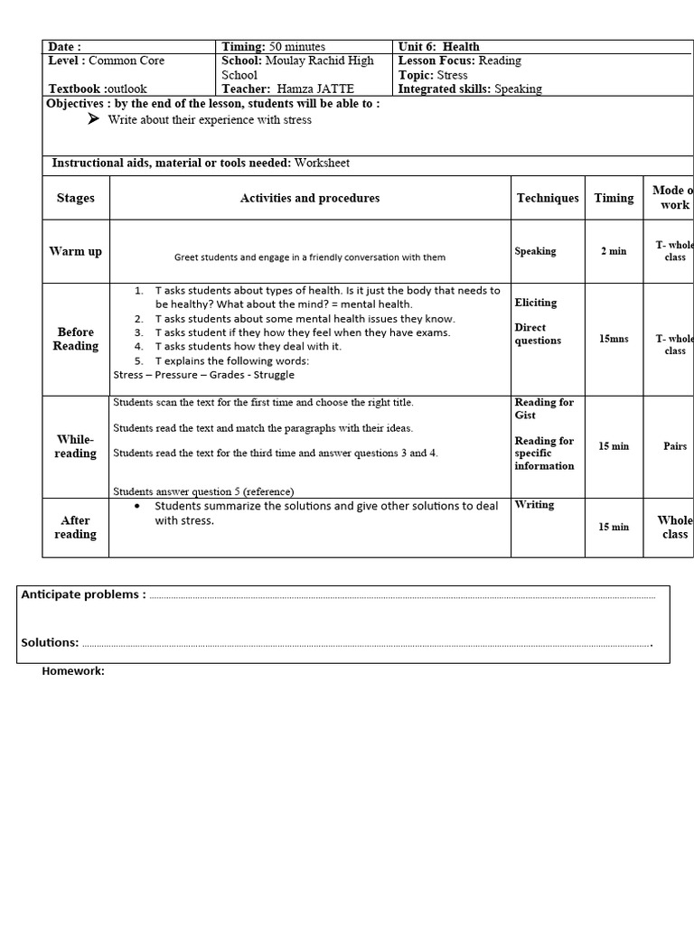 Health - Reading Lesson Plan | PDF | Human Communication | Cognition