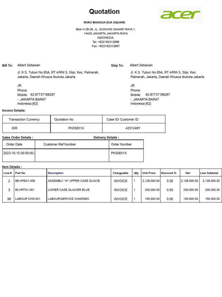 Quotation for Acer Repair Services | PDF | Invoice | Jakarta