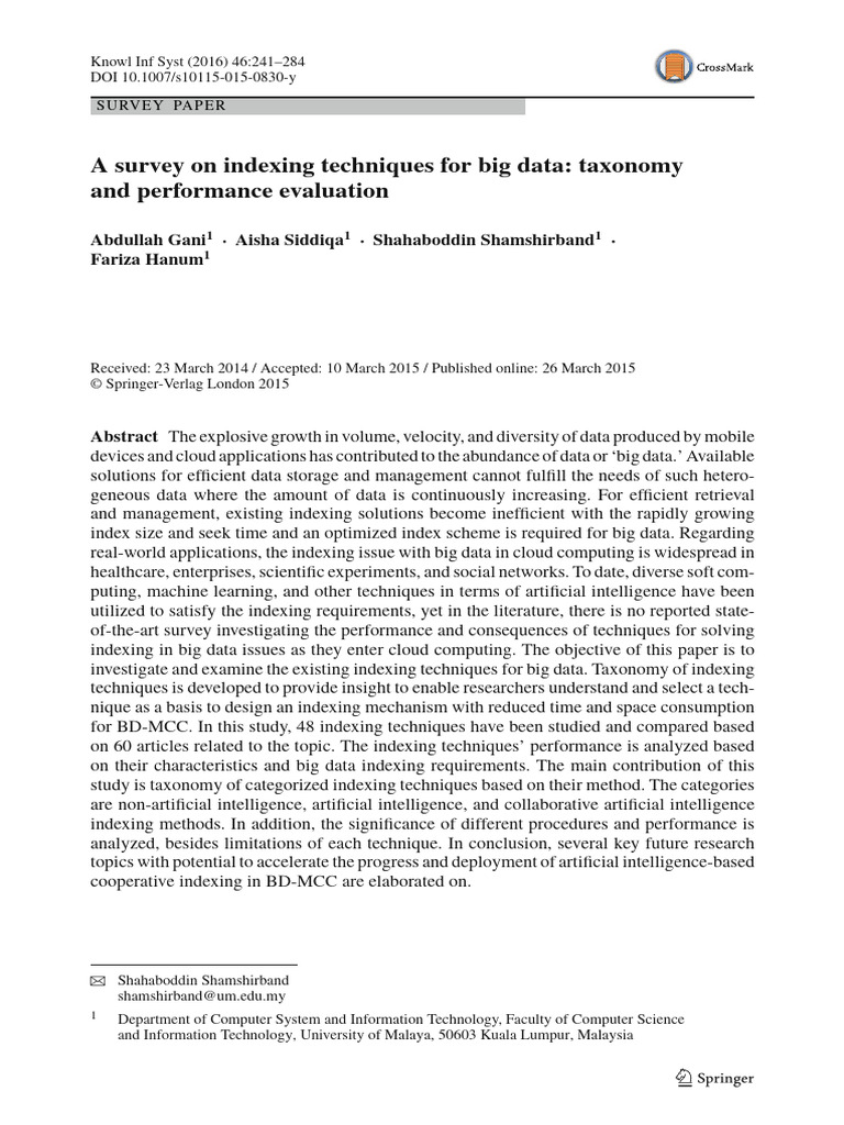 A Survey On Indexing Techniques For Big Data: Taxonomy and Performance Evaluation | PDF | Big ...