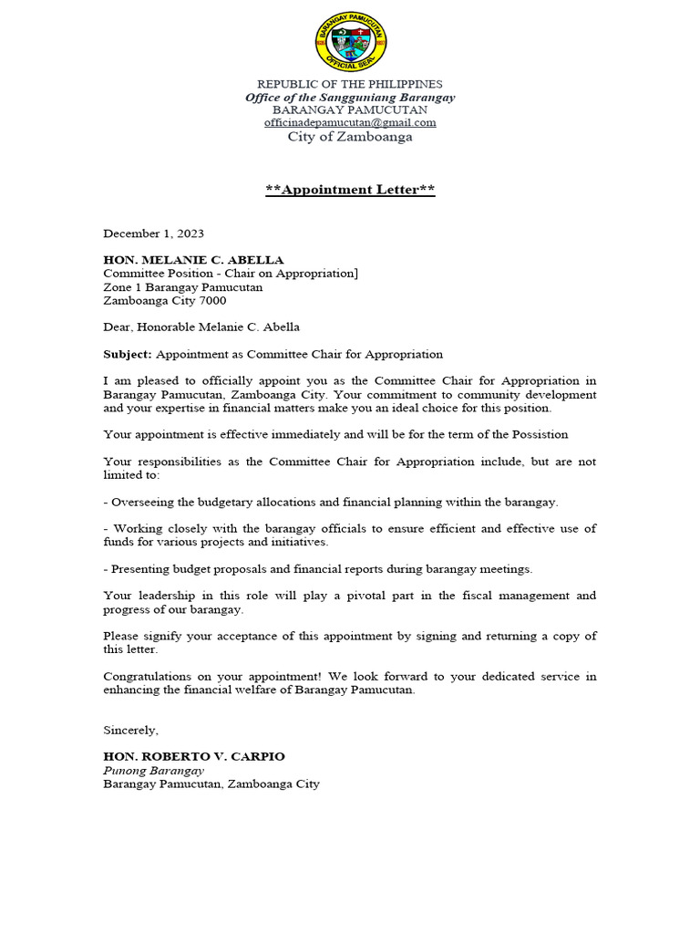 Appointment Letter (Melanie C. Abella) | PDF | Government