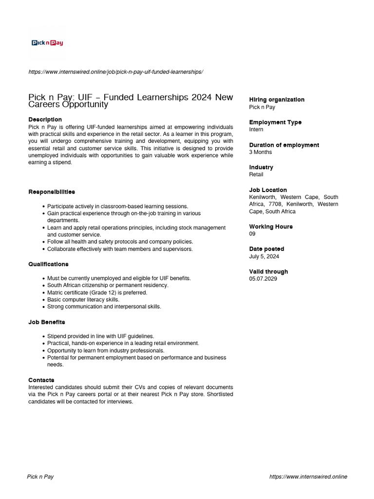 Pick N Pay Pick N Pay Uif Funded Learnerships 2024 New Careers ...
