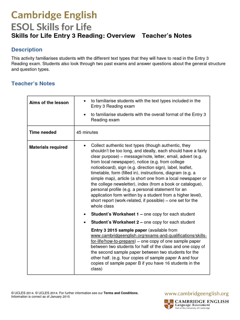 Skills For Life Entry 3 From 2015 Reading Overview Document | PDF ...