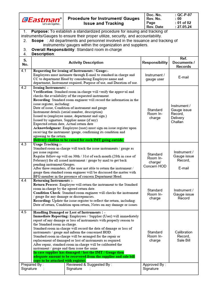 Procedure for Instrument Issue and Tracking....... updated | PDF