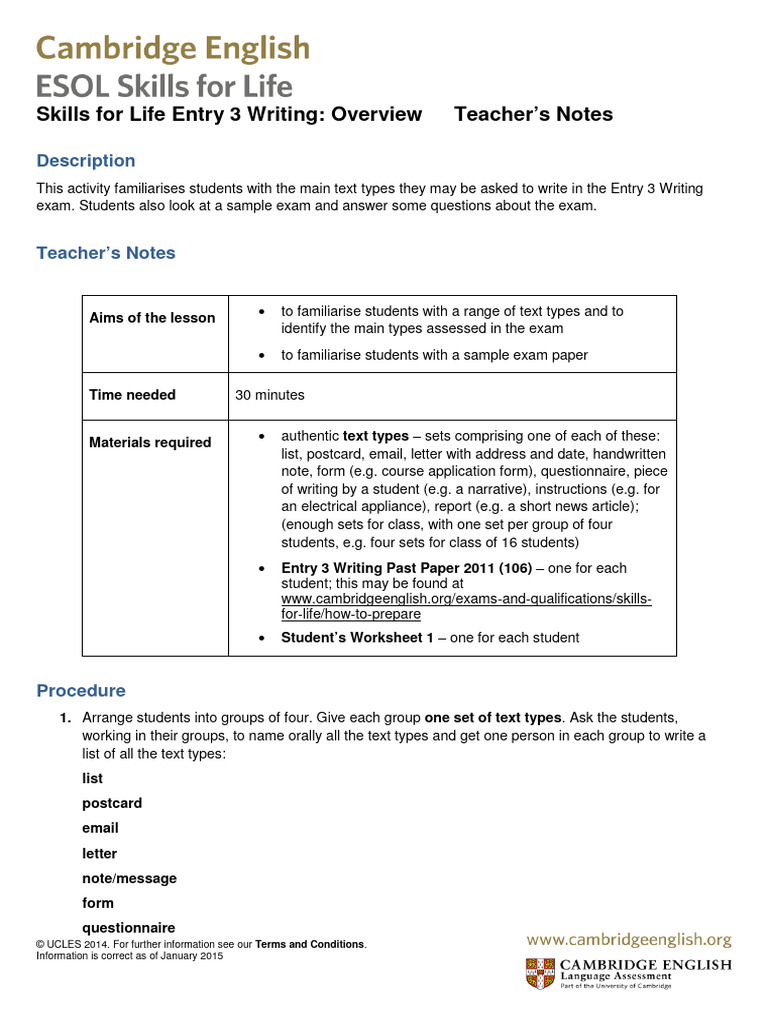 Skills For Life Entry 3 From 2015 Writing Overview Document | PDF ...