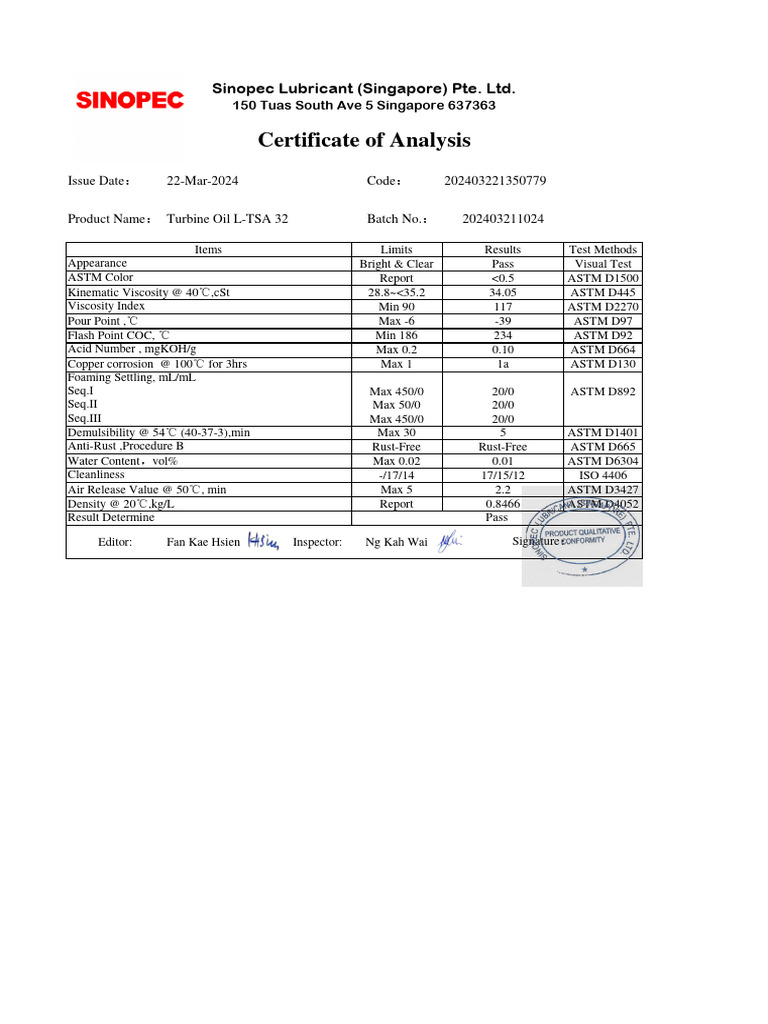 COA 汽轮机油 | PDF | Oils | Hydrocarbons