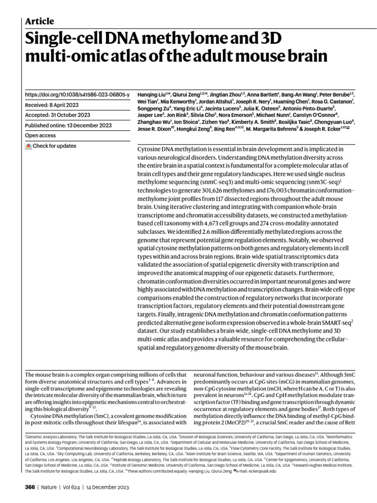 Single-Cell DNA Methylome and 3D Multi-Omic Atlas of The Adult Mouse Brain | PDF | Dna ...