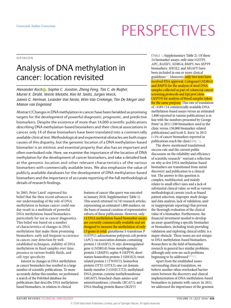 2018-Koch-Analysis of DNA Methylation in Cance | PDF | Biomarker | Health Sciences
