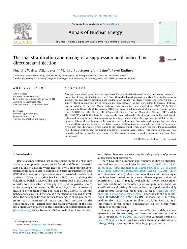 Thermal Stratification and Mixing in A Suppression Pool Induced by ...