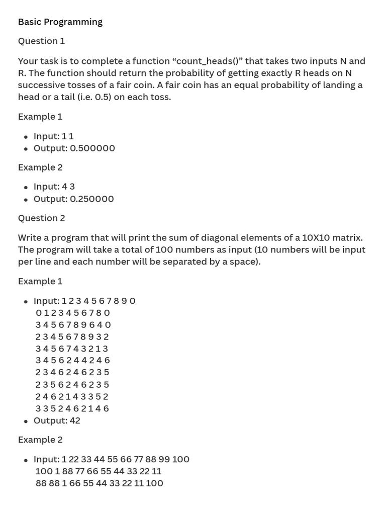 Z0ho Basic Programming Round 2 Online Question Set | PDF | Matrix (Mathematics) | String ...
