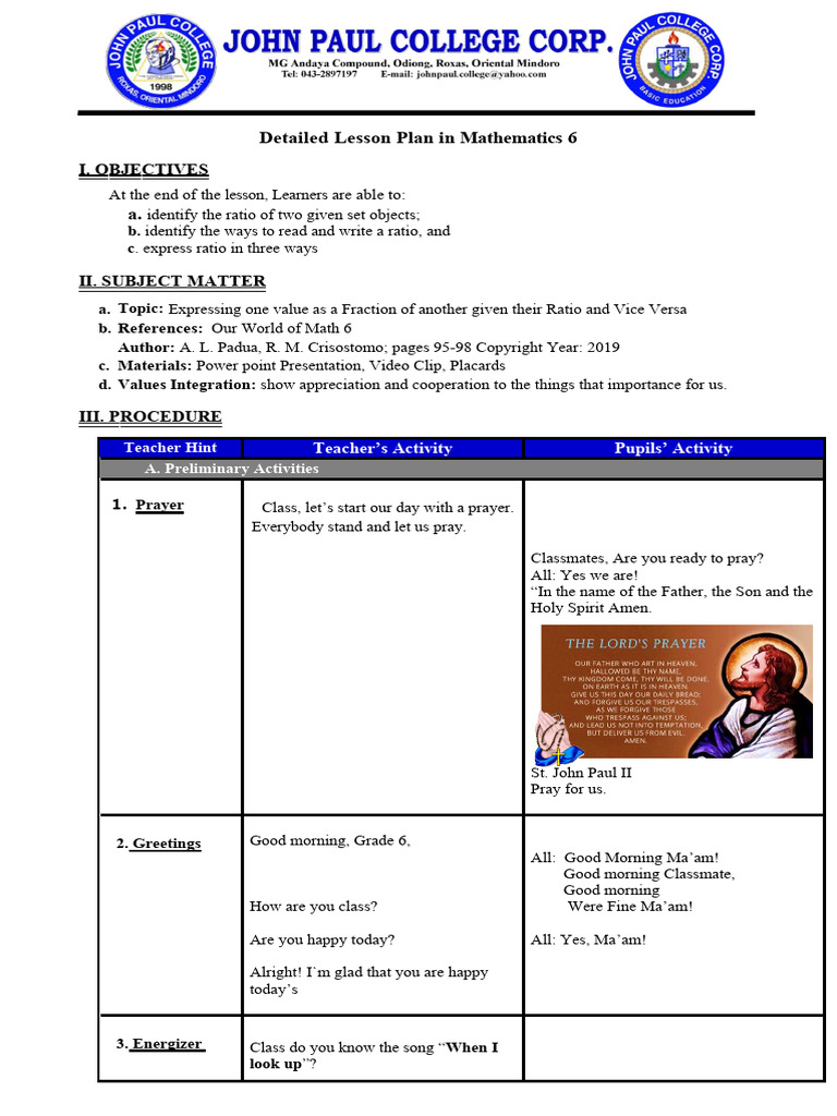 Detailed Lesson Plan in Mathematics 6 Ratio (1) 2 | PDF | Ratio