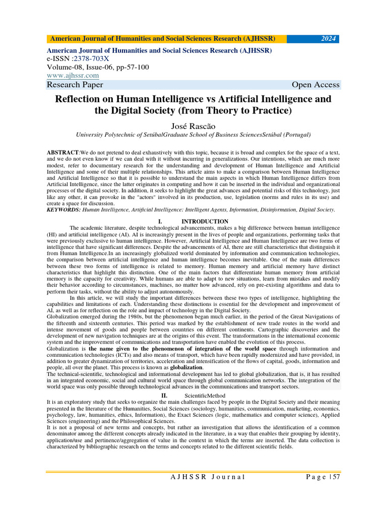 Reflection On Human Intelligence Vs Artificial Intelligence and The Digital Society (From Theory ...