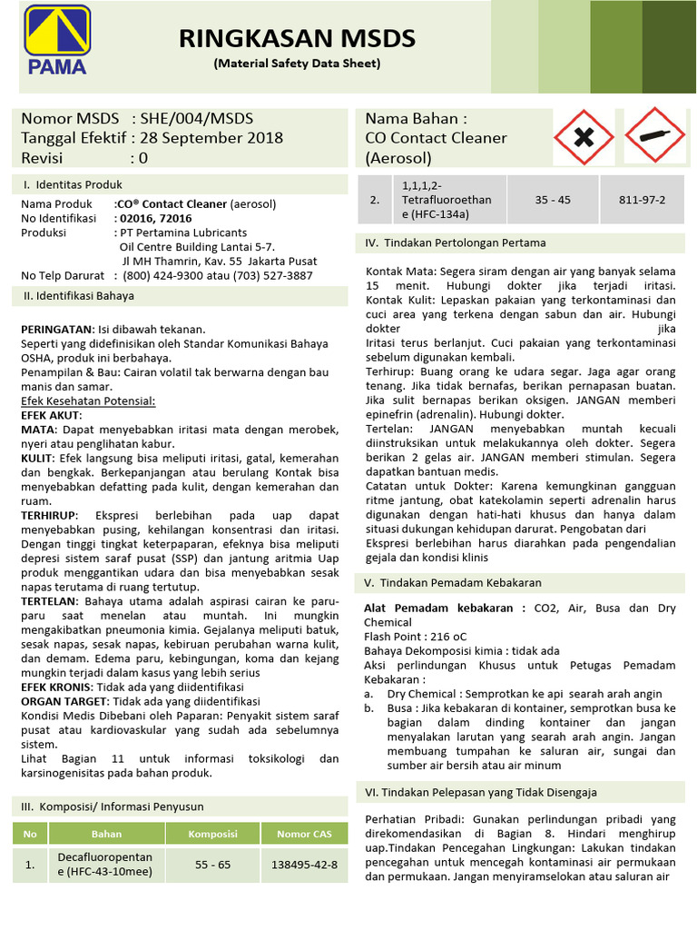 MSDS-SHE-004-CO Contact Cleaner Aerosol | PDF