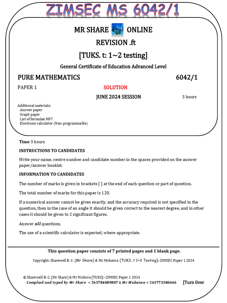 2024 Ms p1 June Pure Mathematics Zimsec Tuks and Mr Share | PDF | Function (Mathematics ...