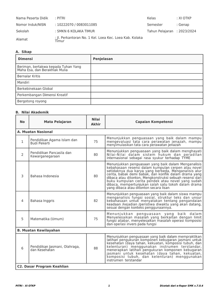 Rapor Pitri - Xi Otkp | PDF
