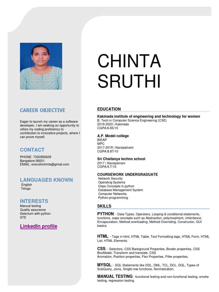 SRUTHICHINTA_RESUME | PDF | Method (Computer Programming) | Html