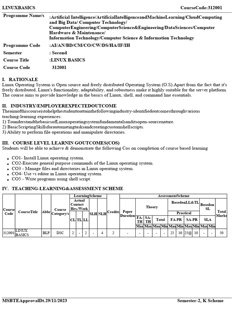 312001-LINUX BASICS (Syllabus) | PDF | Regular Expression | Computer File