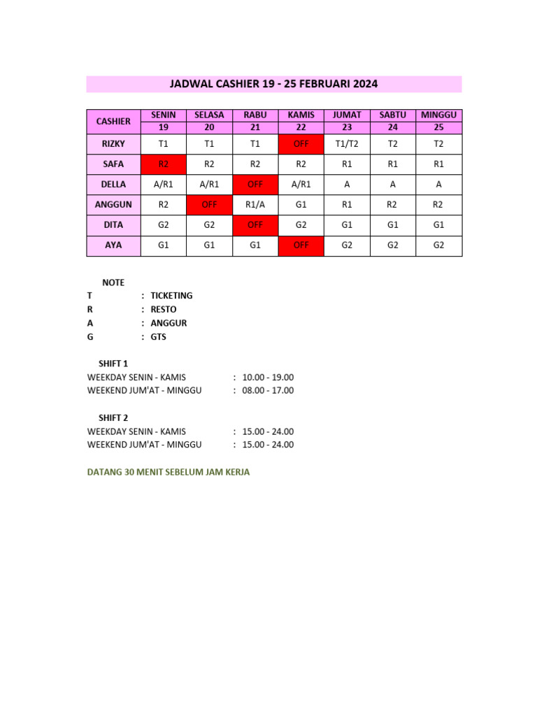 Jadwal Cashier 19-25 Feb 2024 | PDF