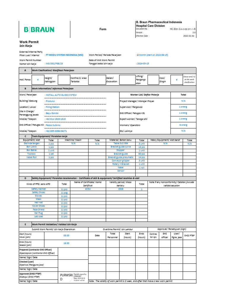 Work Permit BBraun MSI 02 Mei - 15 Mei 2024 | PDF | Workplace | Equipment