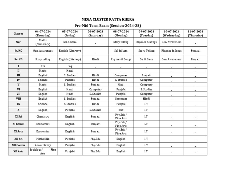 Revised Date Sheet Pre-Mid Term(2024-25) | PDF