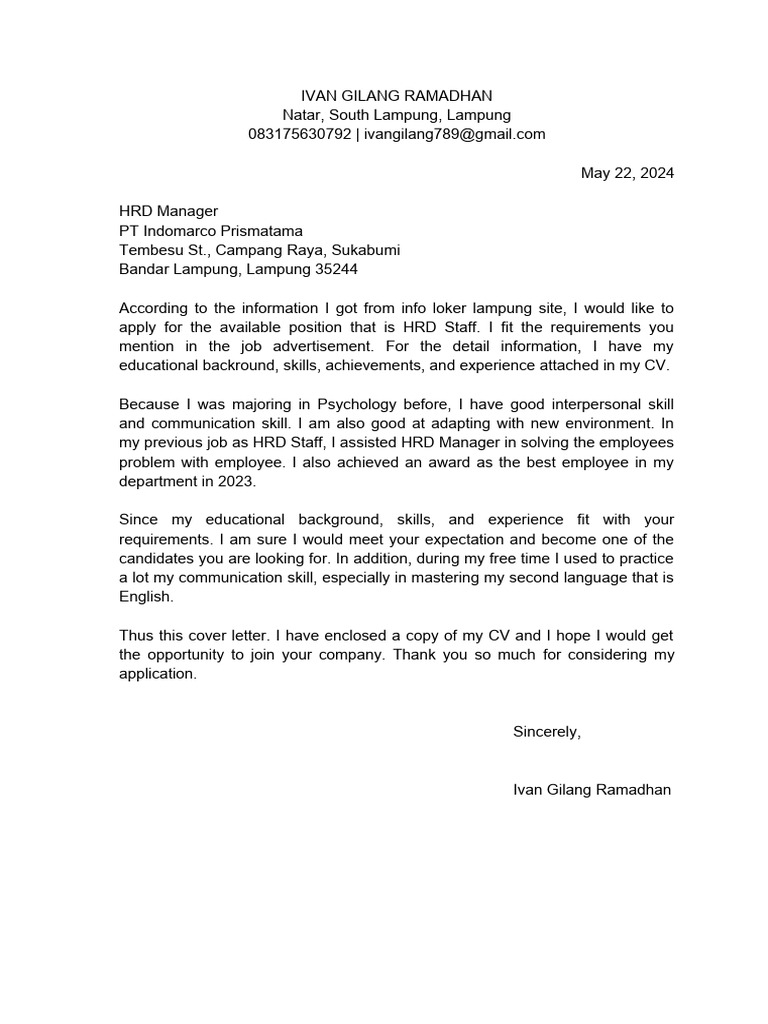 HRD Staff Application Cover Letter | PDF | Career & Growth | Business