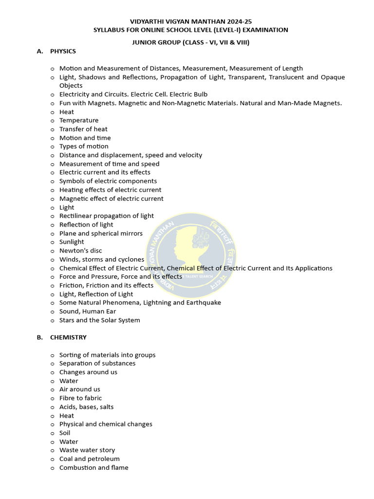 Final VVM 2024 25 Syllabus Junior Group | PDF | Light | Electric Current
