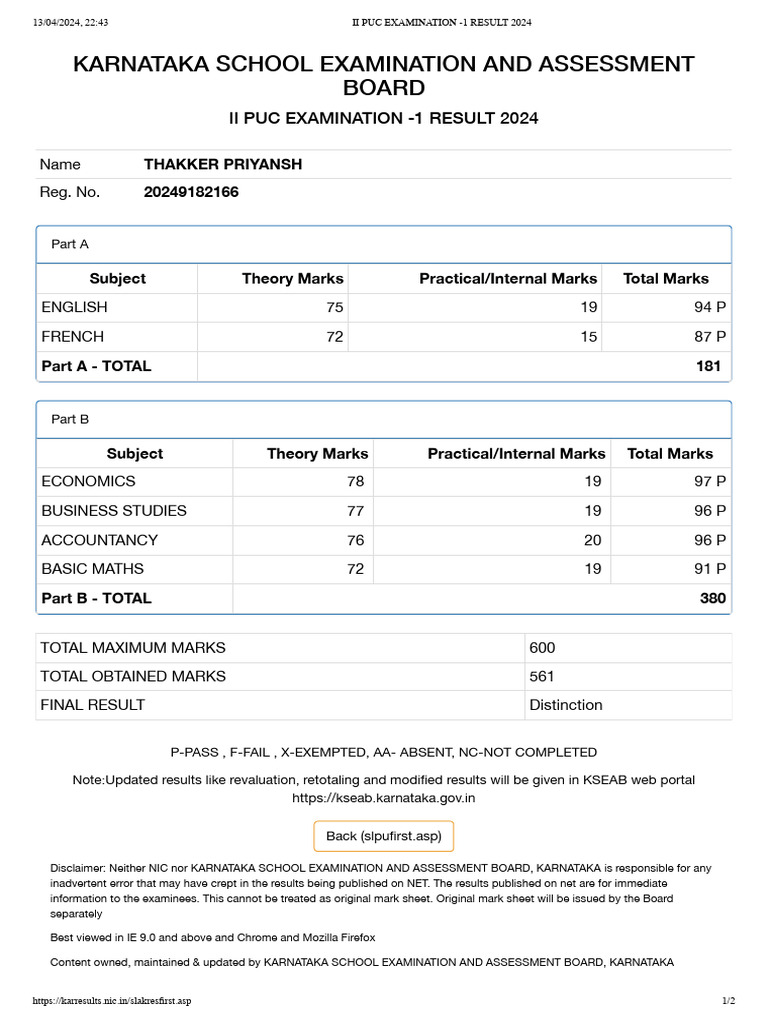 II Puc Examination - 1 Result 2024 | PDF