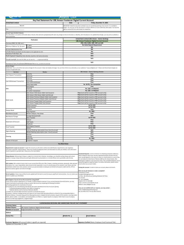 Key Fact Sheet | PDF | Debit Card | Banks