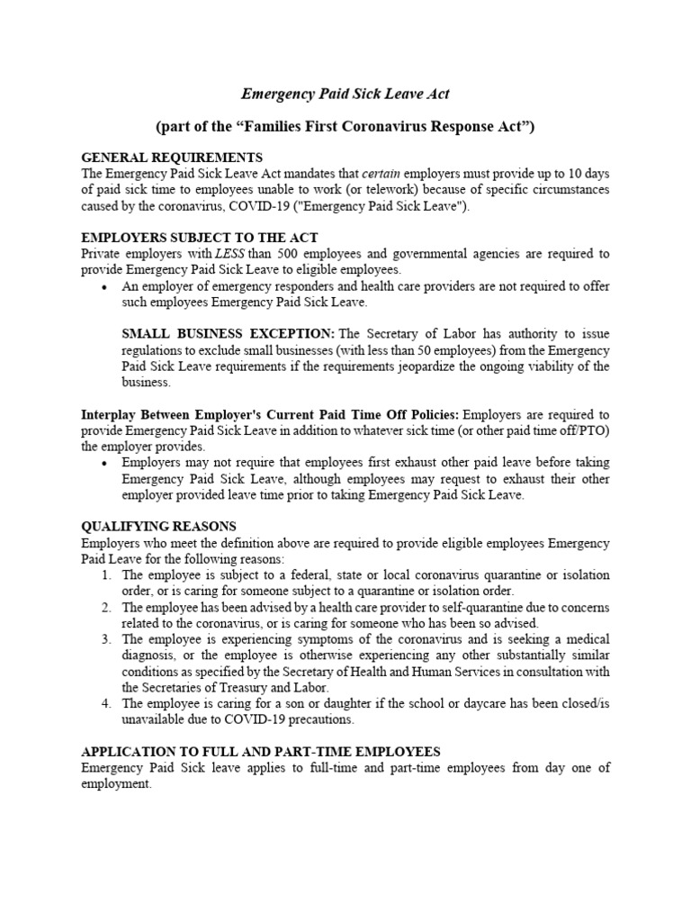 Emergency Paid Sick Leave Act | PDF | Employment | Sick Leave