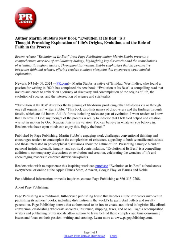 Author Martin Stubbs's New Book "Evolution at Its Best" Is A Thought-Provoking Exploration of ...