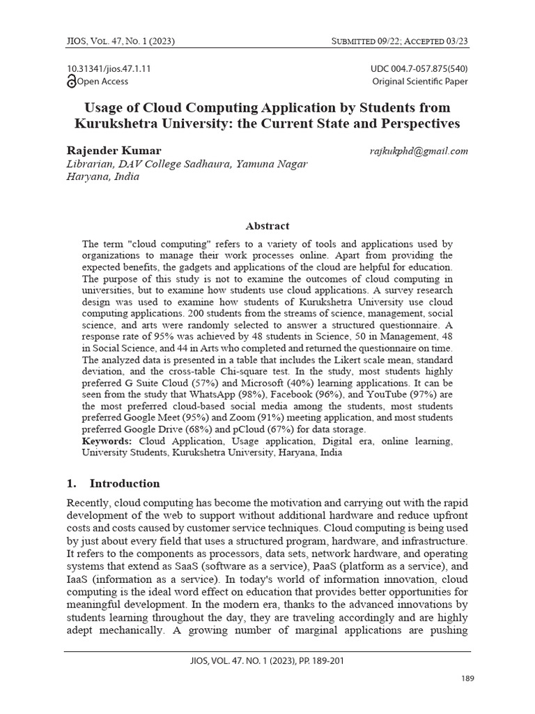 Usage of Cloud Computing Application by Students From Kurukshetra University: The Current State ...