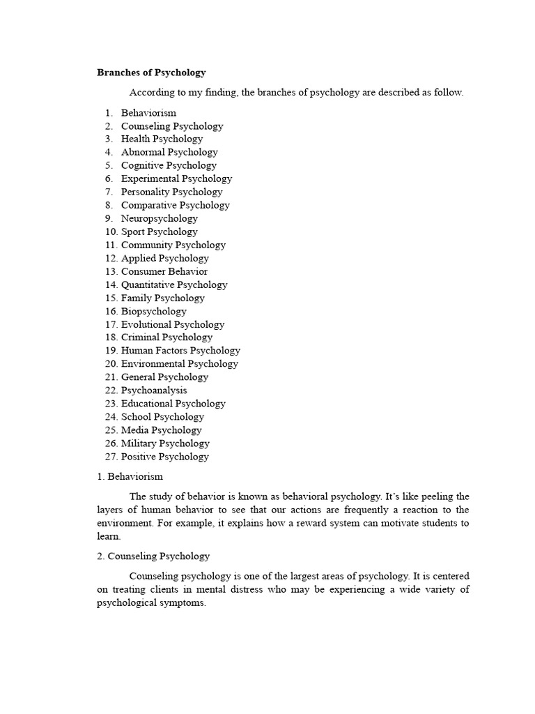 Branches of Psychology | PDF | Psychology | Behavioral Neuroscience