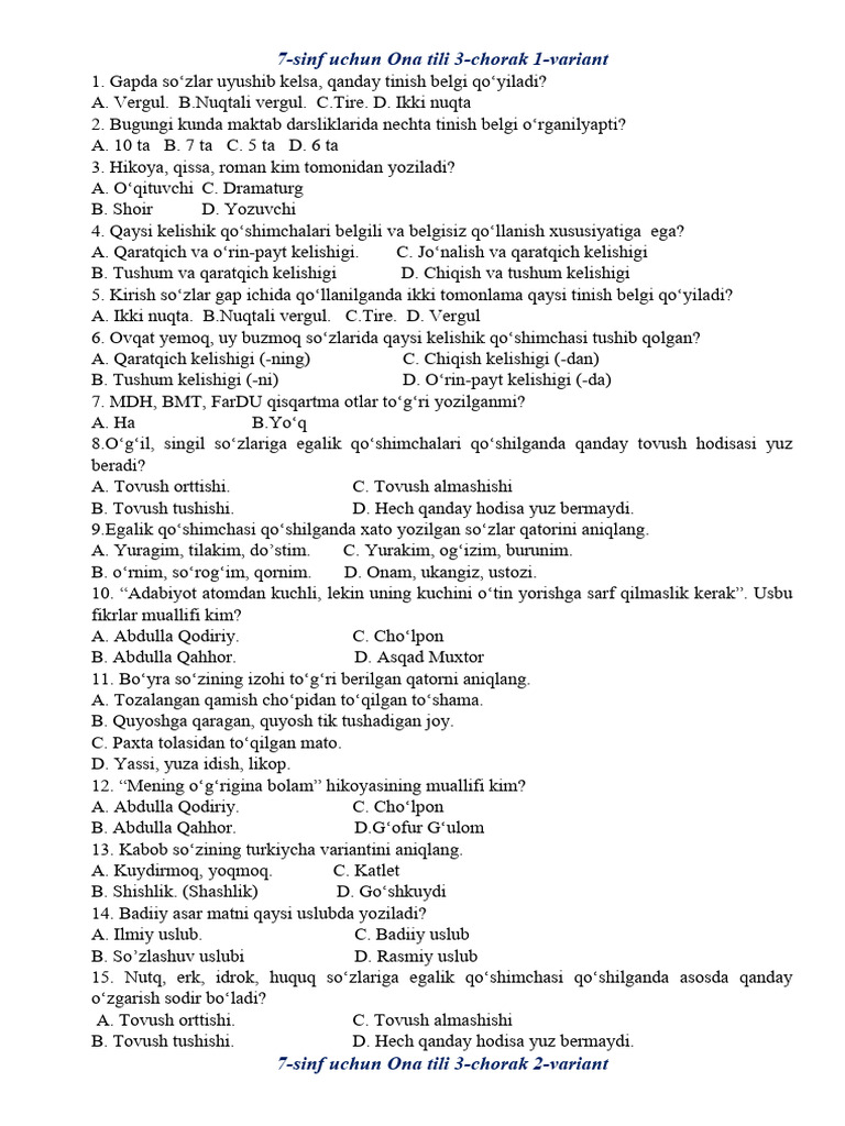 7 Sinf Ona Tili 3 Chorak Test Yangi Darslik @muyassar Sadriddinovna | PDF