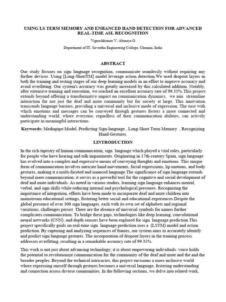 Vigneshkumar Sign Language Recognition Pdf Artificial Neural