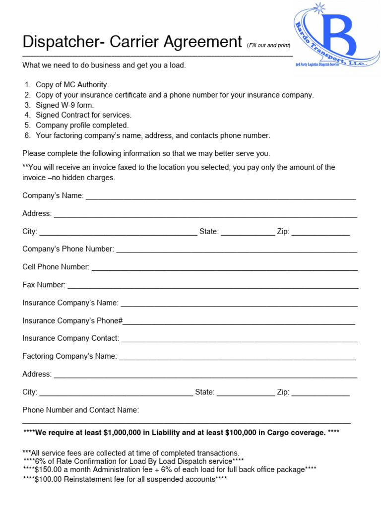 Carrier Dispatch Agreement | PDF | Common Carrier | Cargo