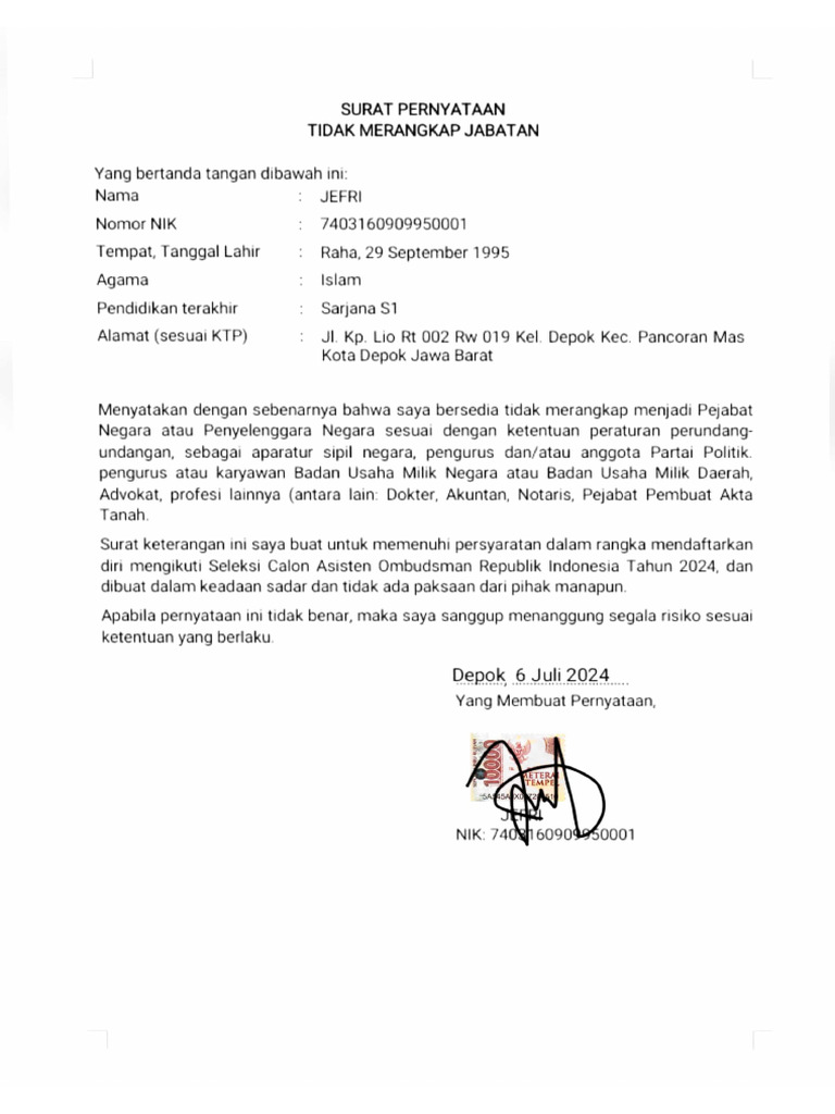 16.surat Pernyataan Tidak Merangkap Jabatan | PDF