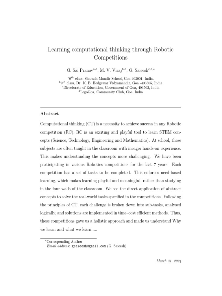 Learning computational thinking through Robotic Competitions | PDF | Thought