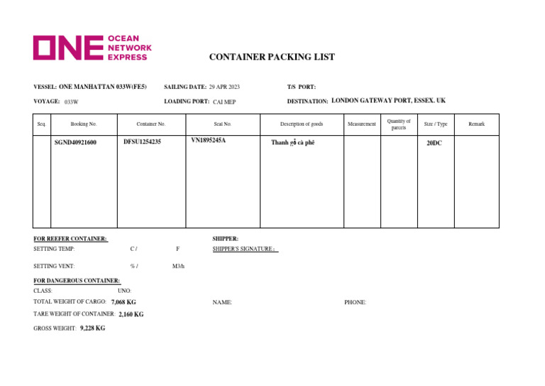 Container Packing List: One Manhattan 033W (Fe5) London Gateway Port ...