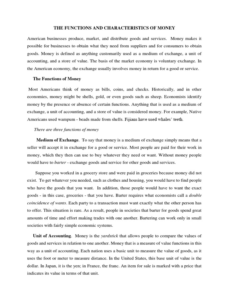 The Functions and Characteristics of Money Gfi | PDF | Money | Value ...