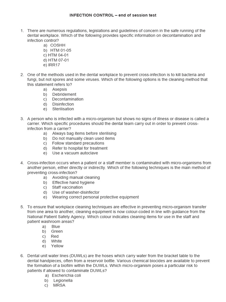 Infection Control - End of Session Test and Answers | PDF ...